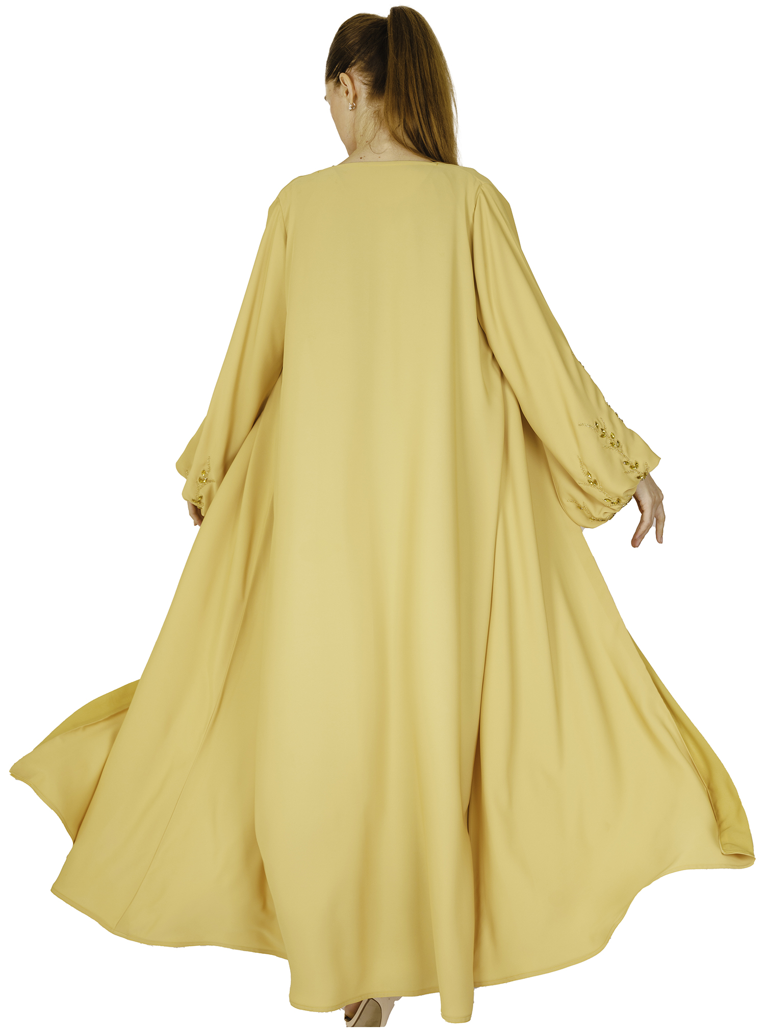 GORA Golden yellow abaya and neck line pleated detail in brown inner ...