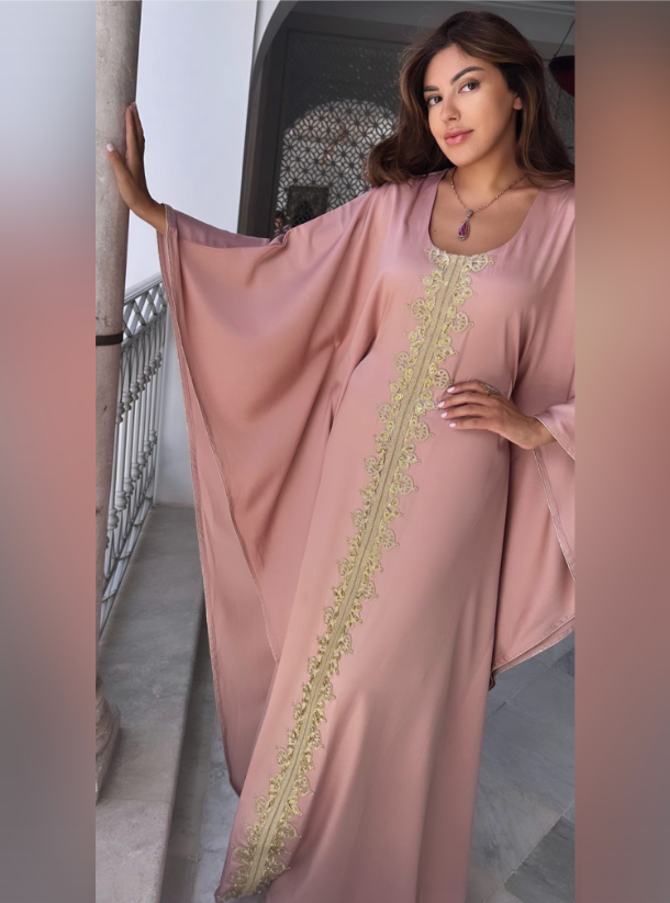 SHIRA Gorgeous crepe silk kaftan embellished with gold lace. Flowy sleeves, round neckline ...