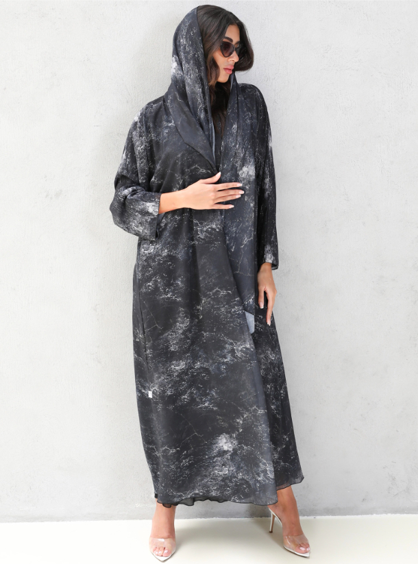 Ghroor12 Marble-inspired pattern abaya with matching headscarf. Abayas from Ghroor Abayas at Boksha