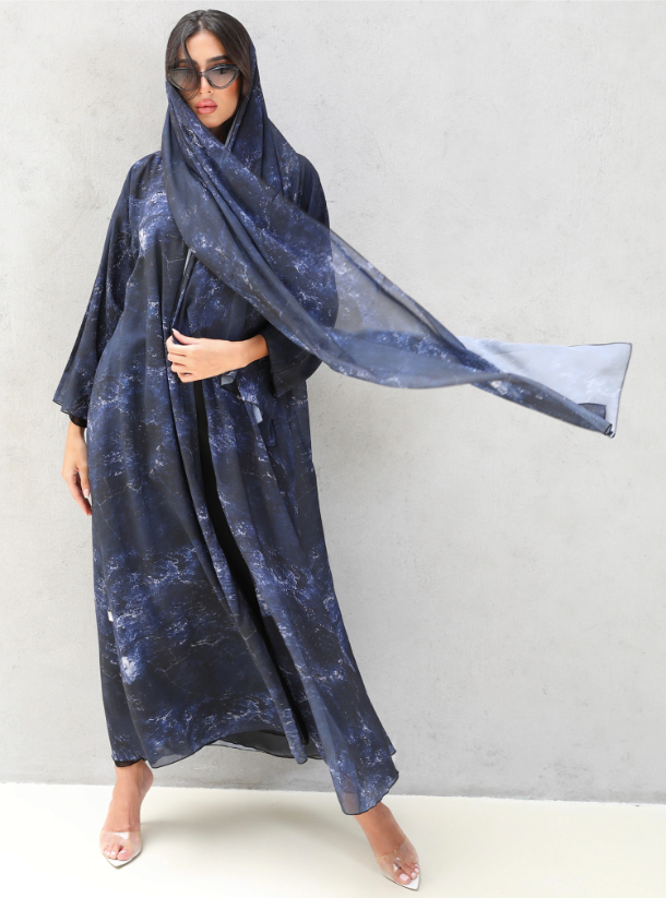 Ghroor14 Marble-inspired black & blue pattern abaya with matching headscarf. Abayas from Ghroor ...