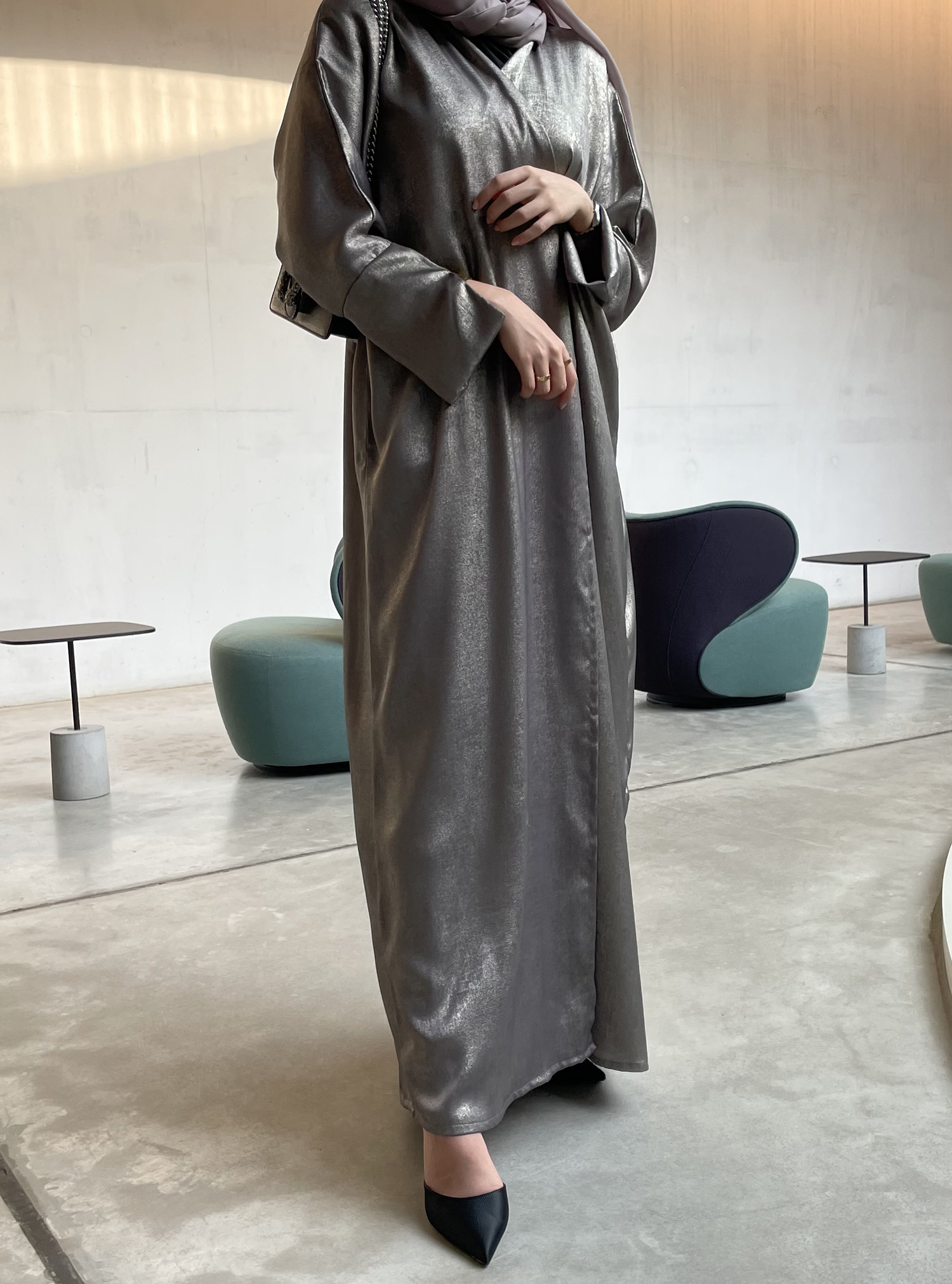 S027 Abaya Experience timeless charm with Sutra’s Shinny grey abaya, Bahraini style abaya with ...