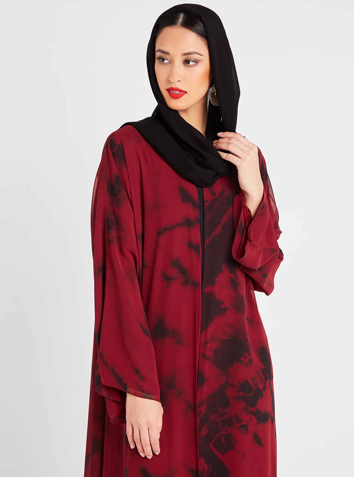 Lail-3136 Abaya Tie & dye red abaya with lining Abayas from Lail at Boksha
