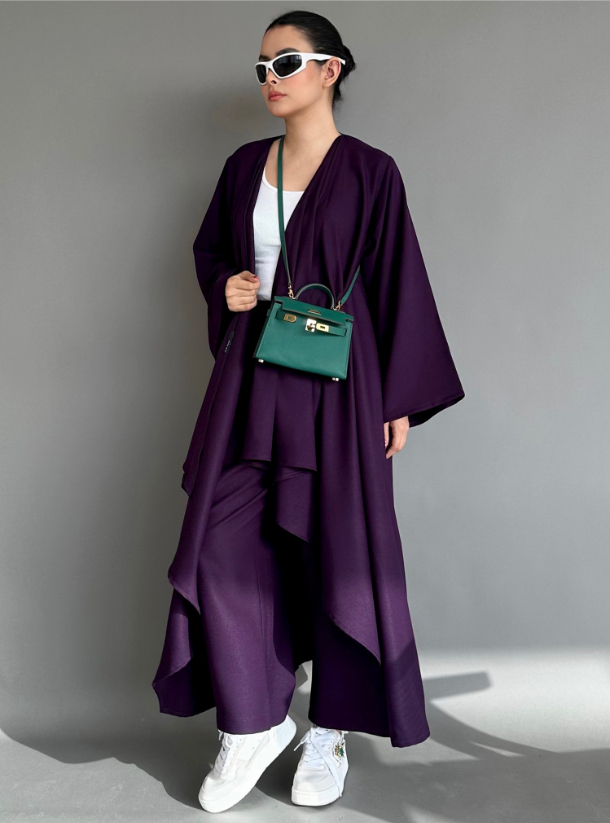 Purple abya set Matching loose purple abaya set with wide leg pant Abayas from NB Design at Boksha