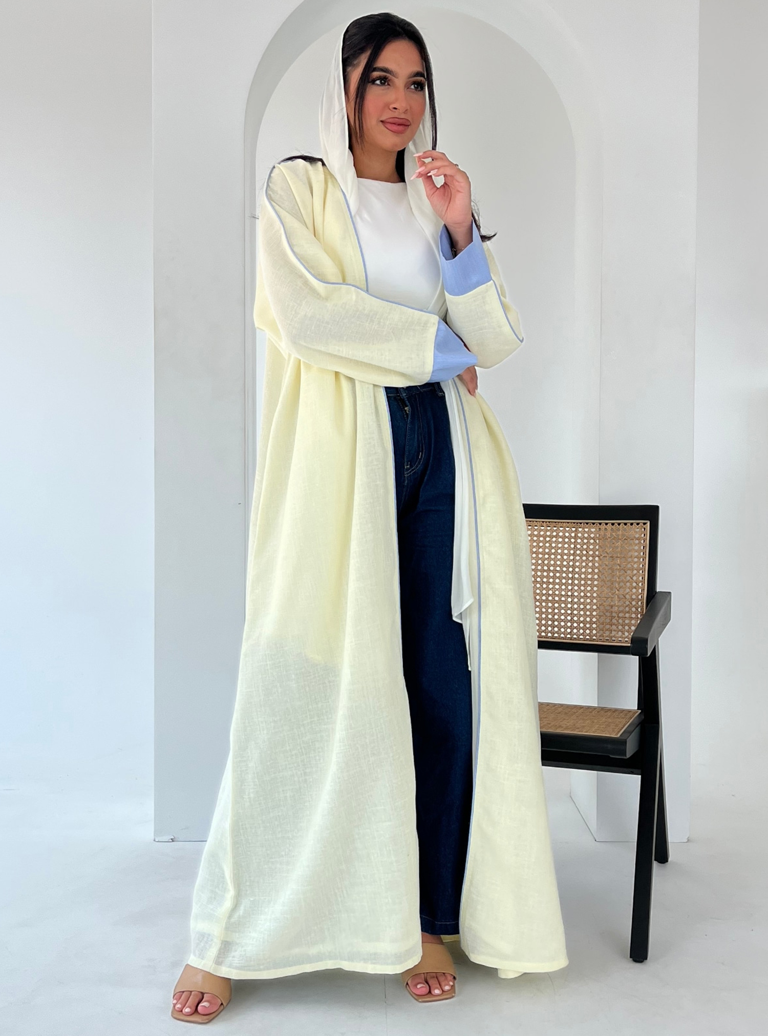 Lemon linen Light lemon yellow linen abaya with light blue trimmings. With full lining. Comes ...