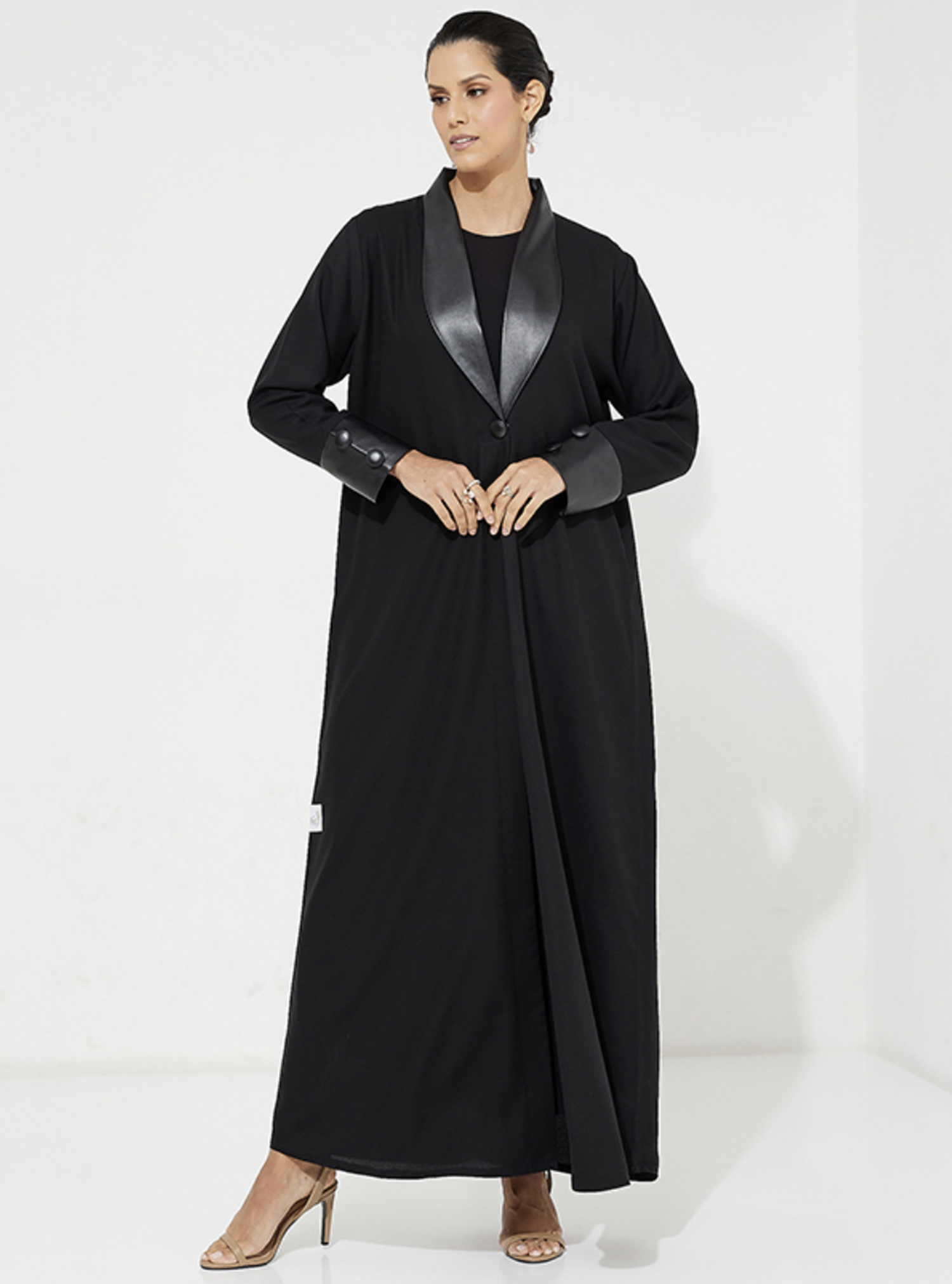 Leather Abaya Black coat-style abaya with faux leather collar and ...