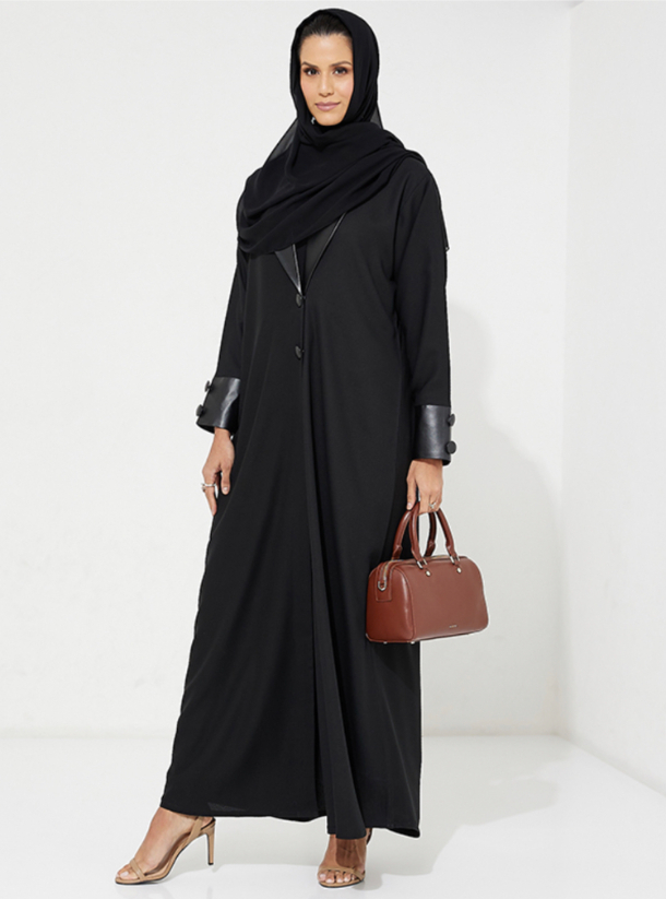 Leather Abaya Black coat-style abaya with faux leather collar and ...