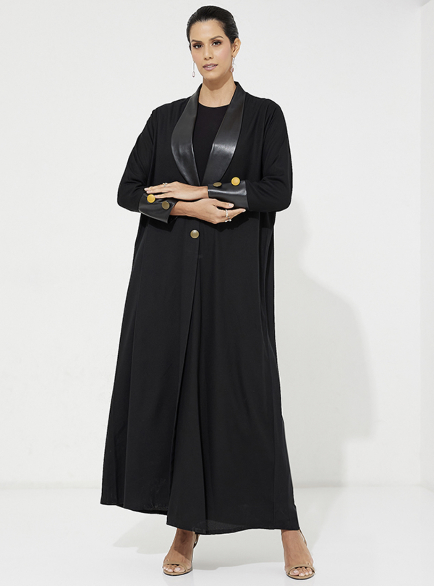 Leather-Colors Black coat-style abaya with faux leather collar and ...