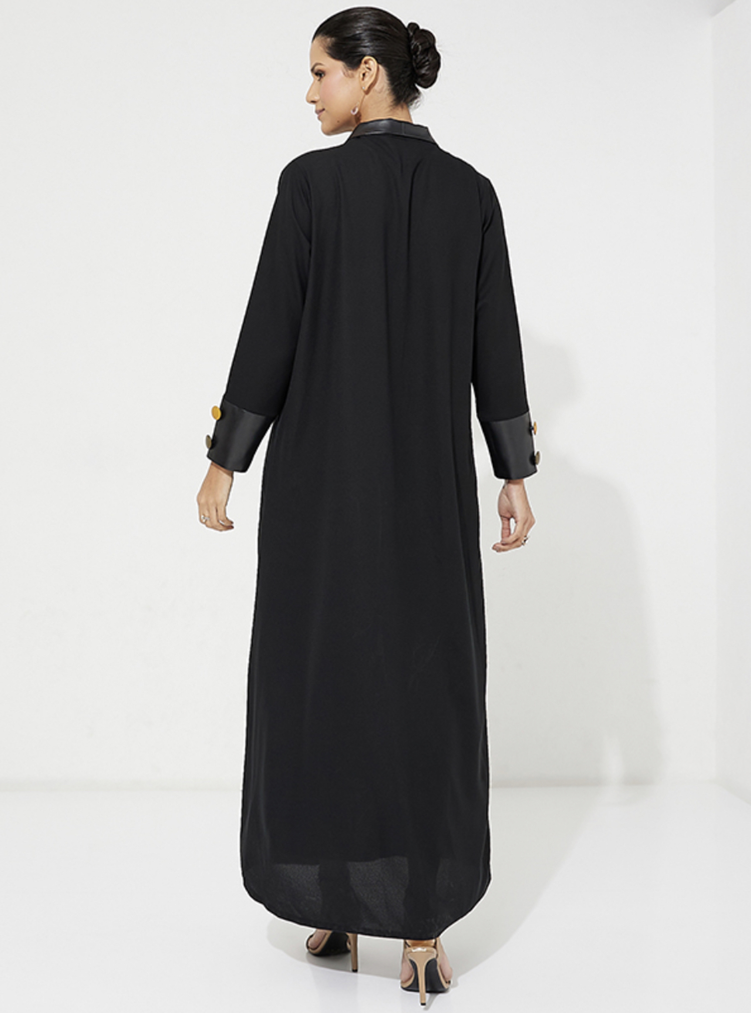 Leather-Colors Black coat-style abaya with faux leather collar and ...