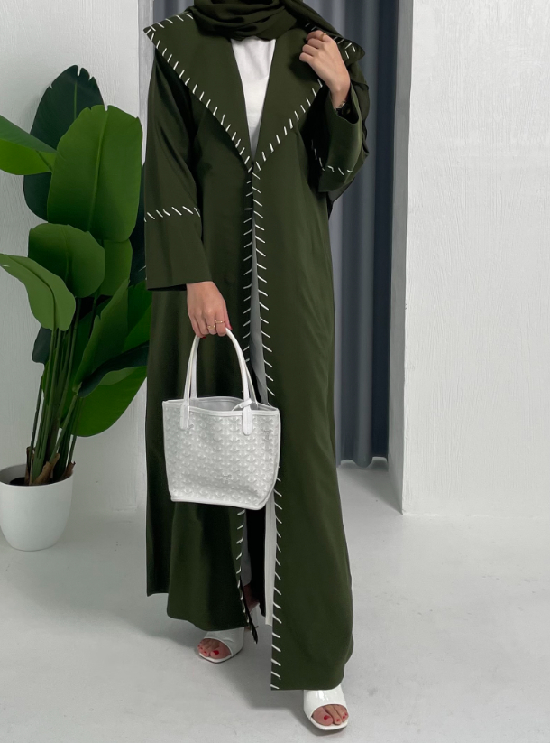 S033 Green barbie abaya with large collar ,adorned with white strings ...