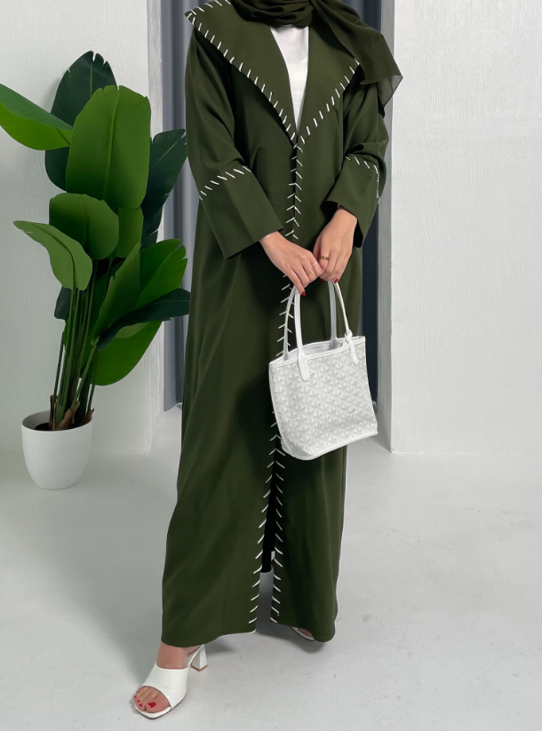 S033 Green barbie abaya with large collar ,adorned with white strings ...