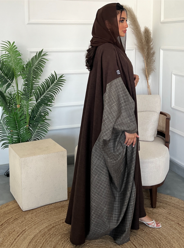 D2 Abaya Bisht linen abaya with headscarf. Abayas from Shelen Designs at Boksha
