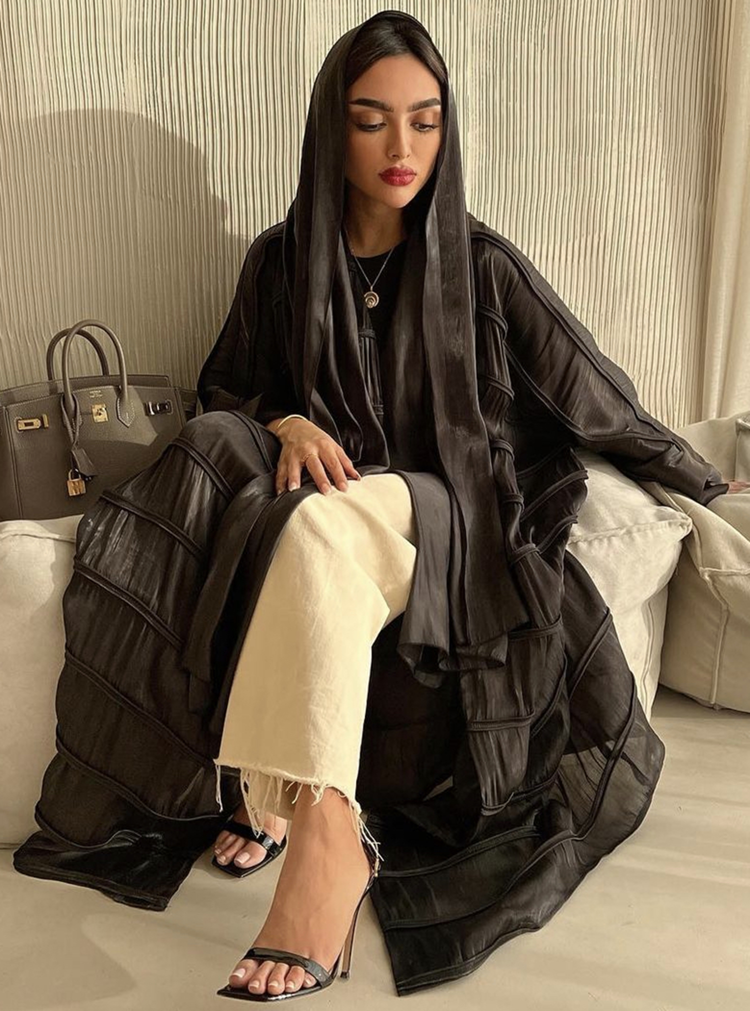 Douri abaya Black organza abaya with piping trimmings. Comes with a ...