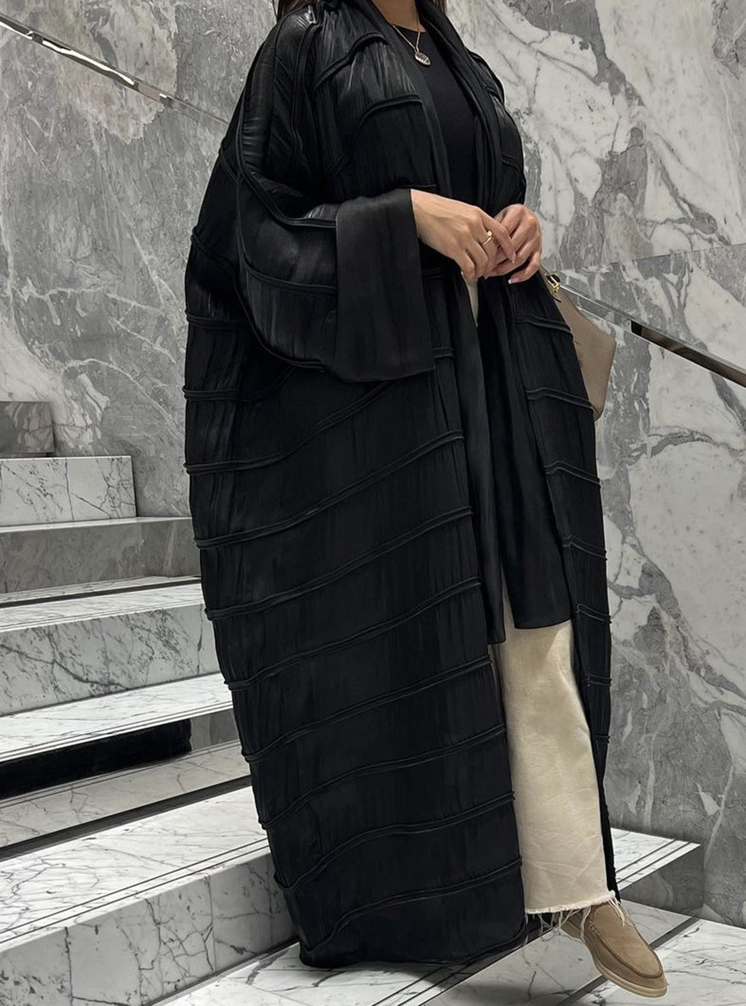Douri abaya Black organza abaya with piping trimmings. Comes with a ...