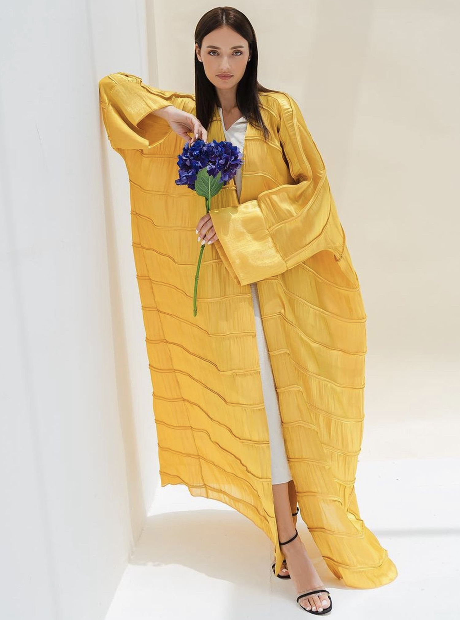 Yellow abaya Yellow organza abaya with piping trimmings. Comes with a ...