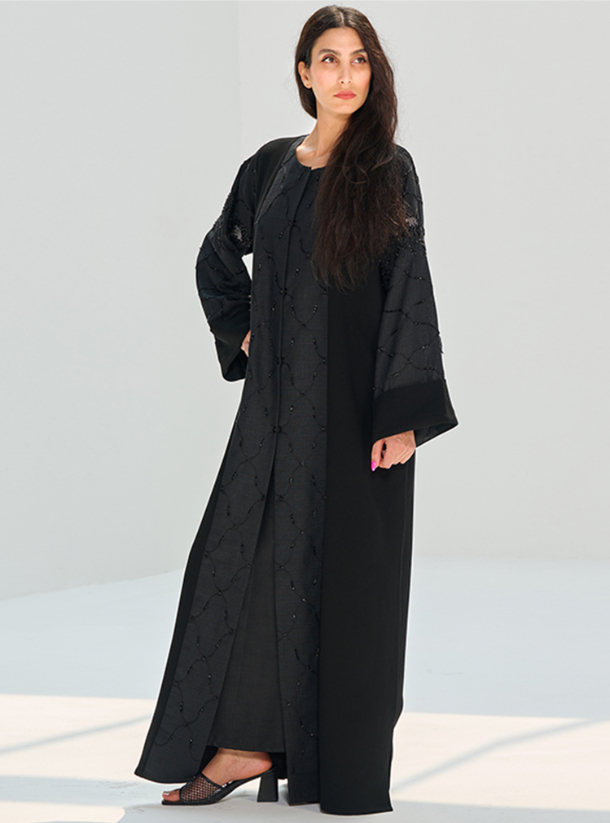 Model No- 1373 Black abaya with embellished sleeves and front placket ...
