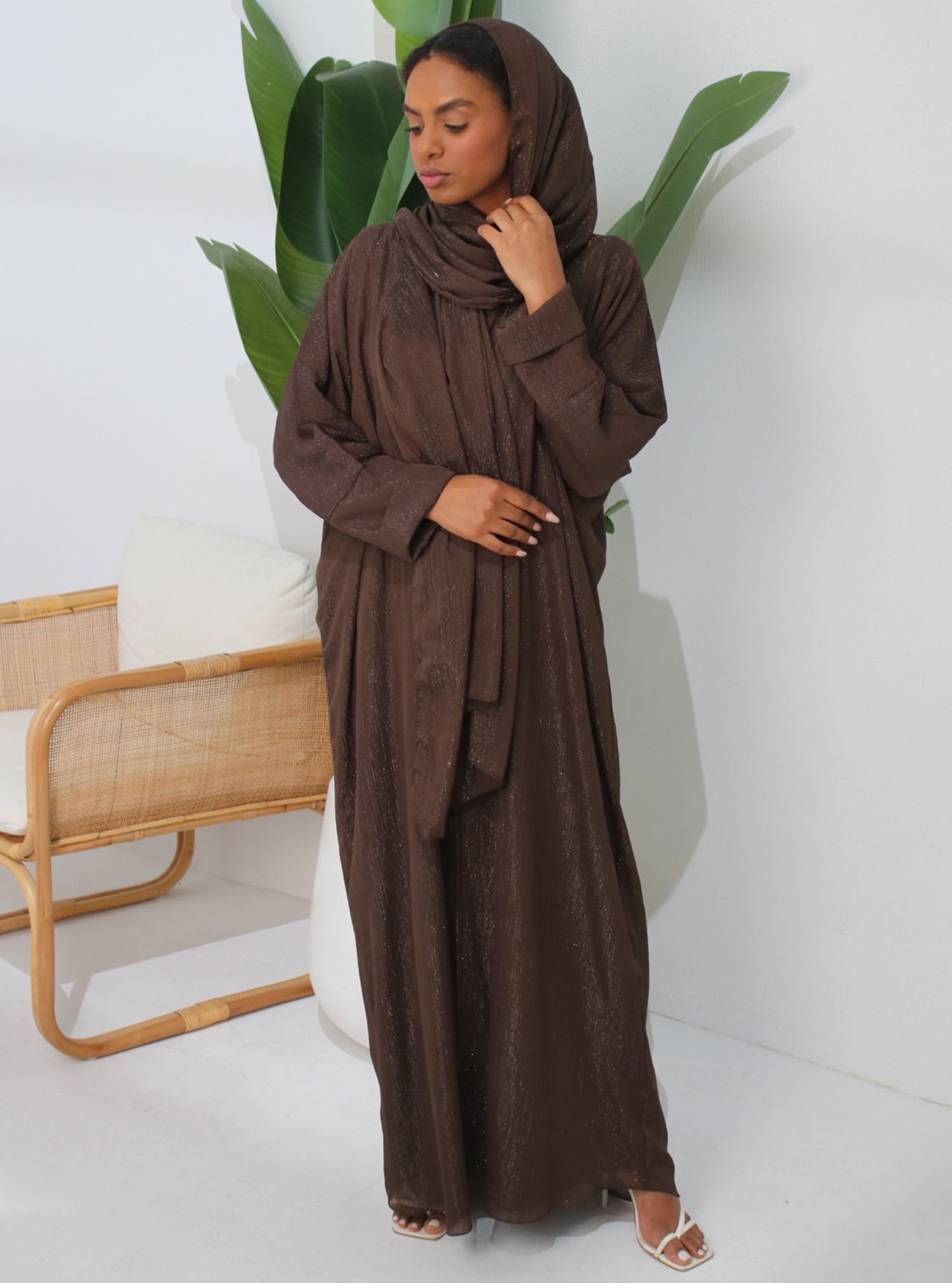 SHIMMER BROWN Shimmer brown abaya comes with a Matching scarf Abayas from My Abaya at Boksha