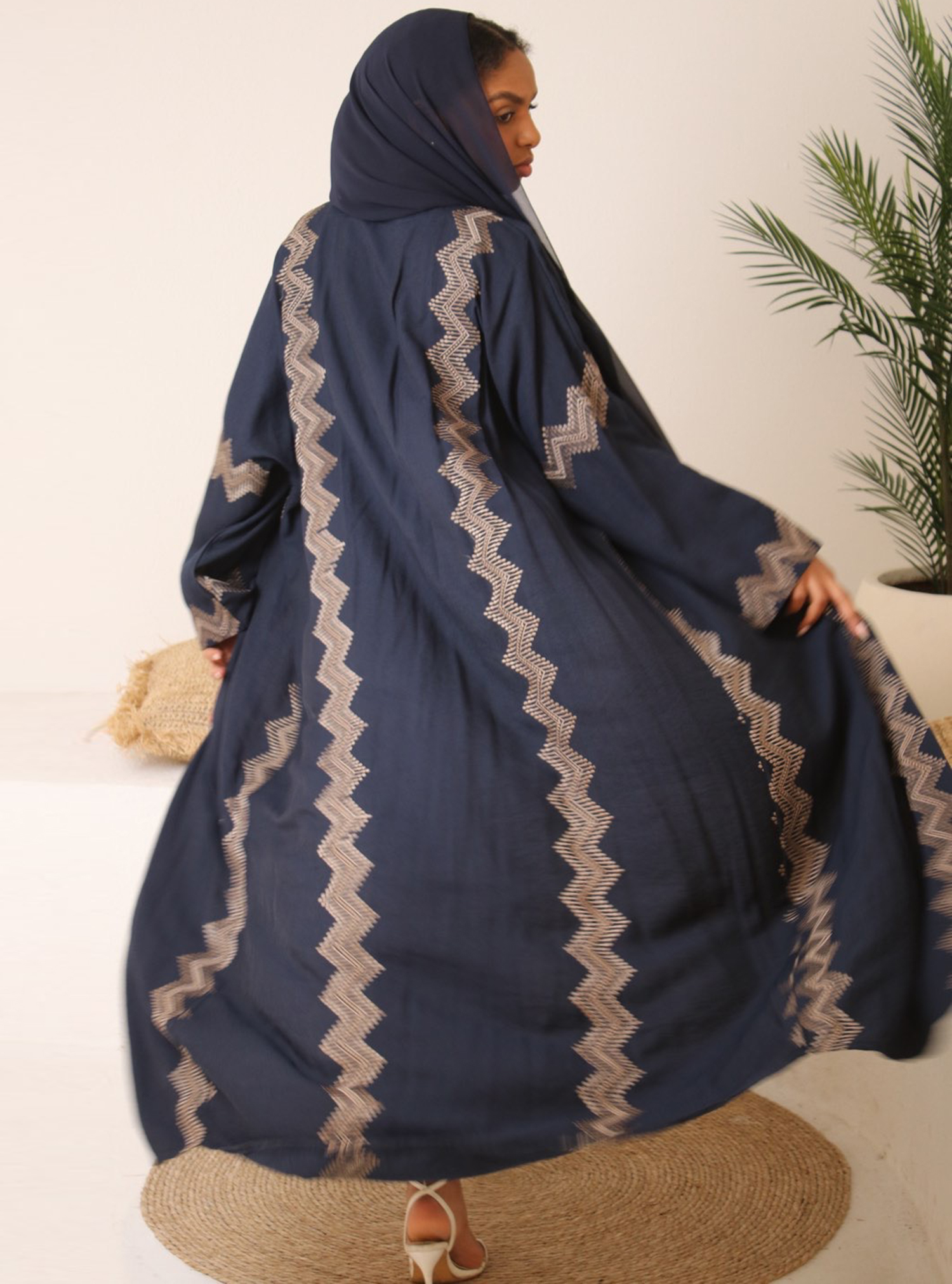 DARK BLUE Dark blue abaya with golden zigzag embroidery , Comes with a ...