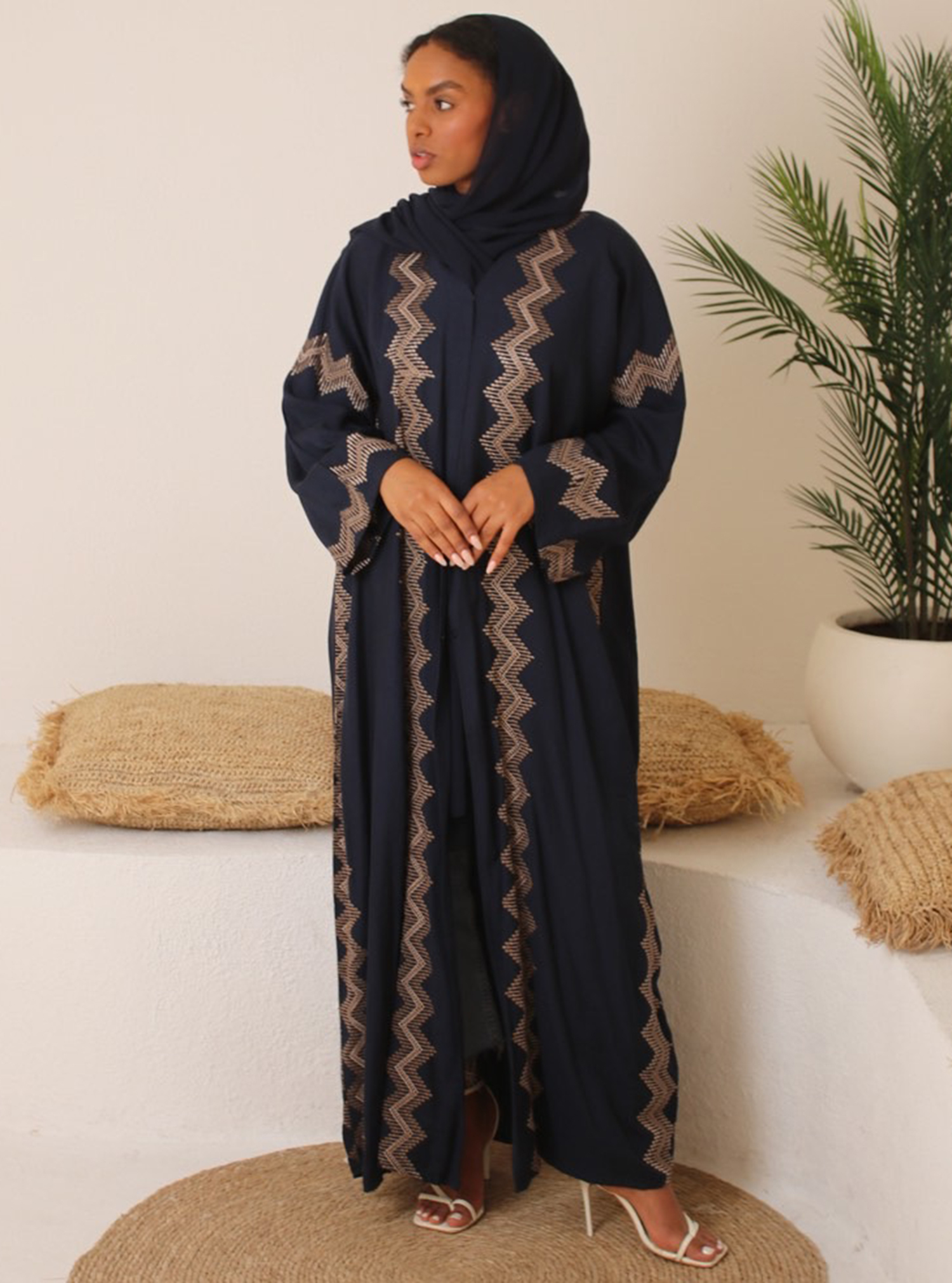 DARK BLUE Dark blue abaya with golden zigzag embroidery , Comes with a ...