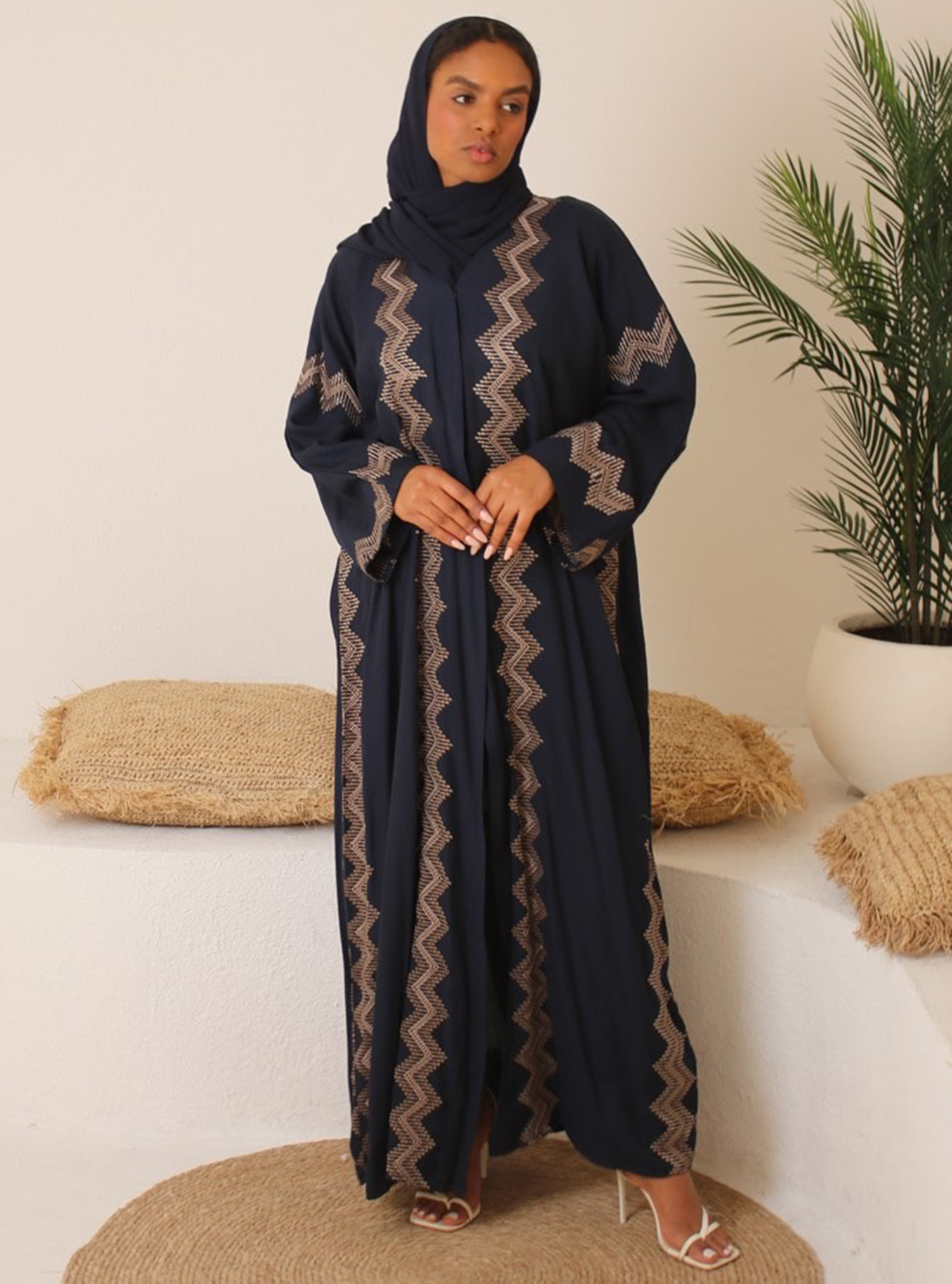 DARK BLUE Dark blue abaya with golden zigzag embroidery , Comes with a ...