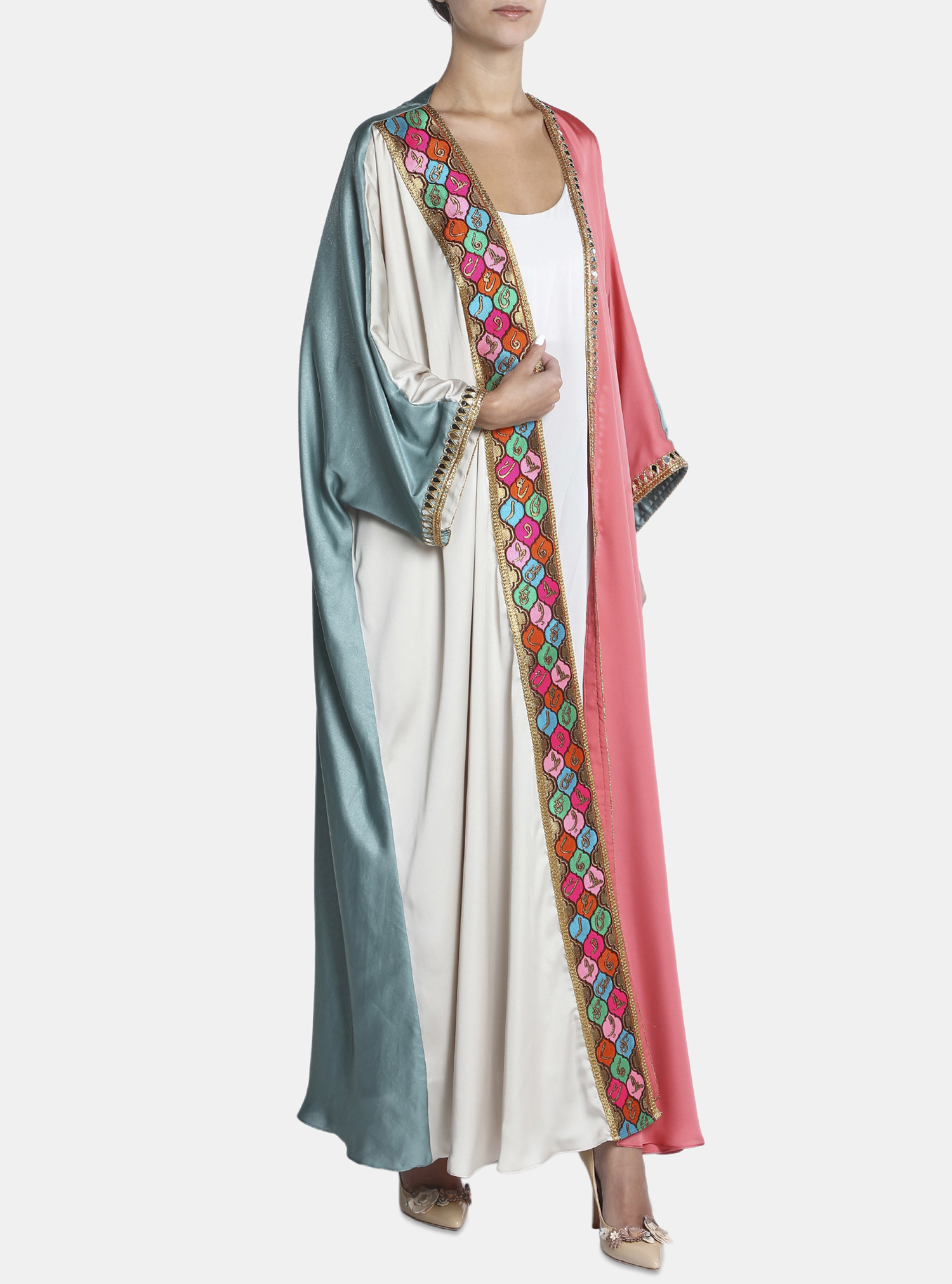 Colorful abaya Colorful abaya with embroidered calligraphy trimming ...