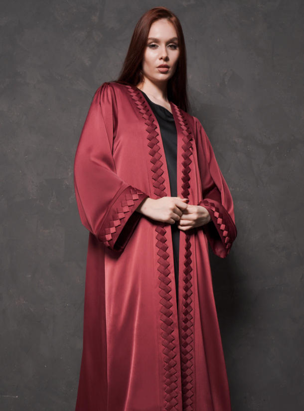 SILKY CREPE Marron silky crepe abaya with weaved trimmings. Comes with a headscarf. Abayas from ...