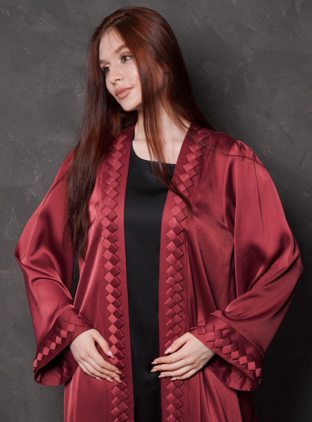 SILKY CREPE Marron silky crepe abaya with weaved trimmings. Comes with a headscarf. Abayas from ...