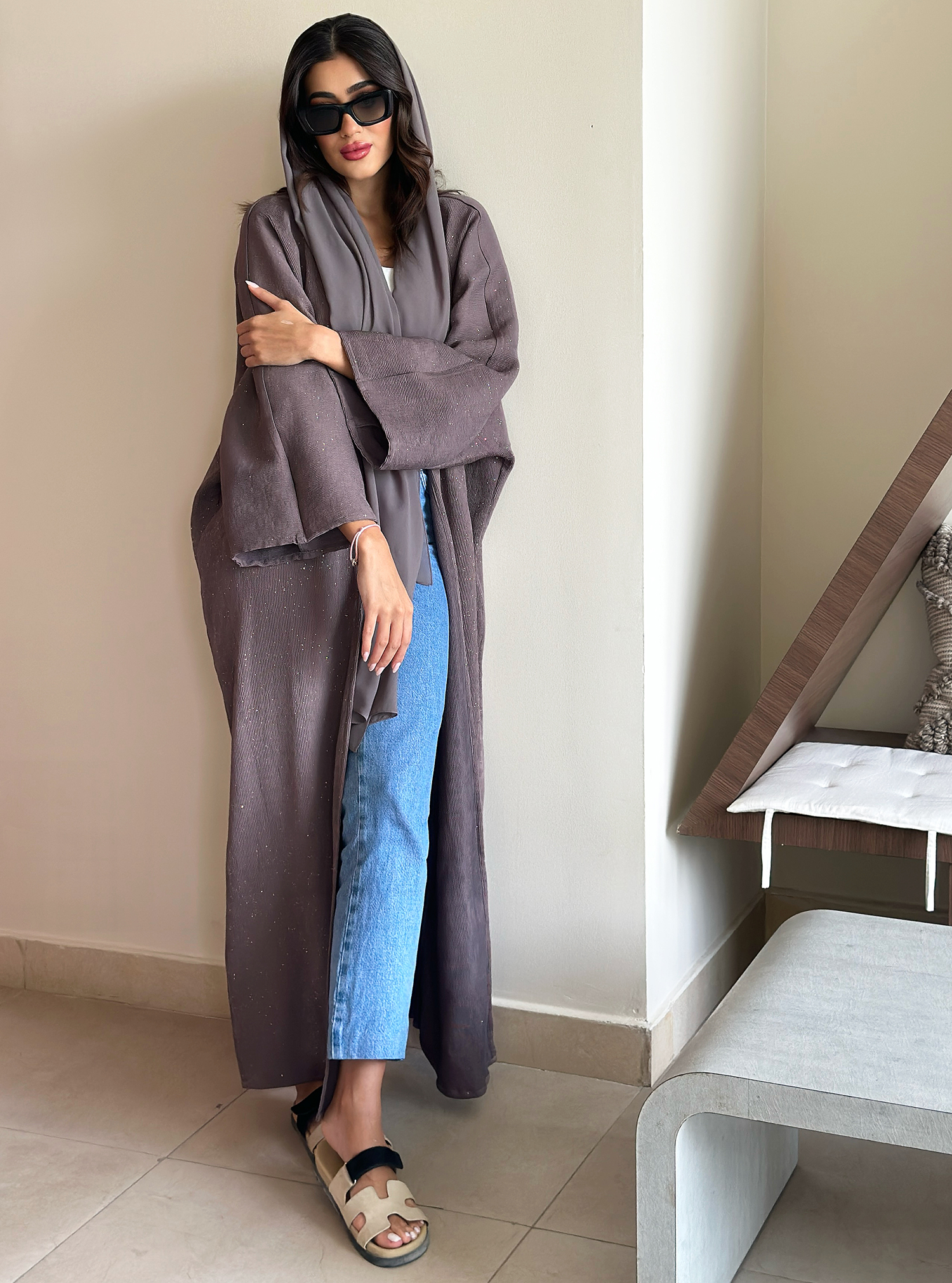 Rawnaq Abaya A classy and soft ash brown abaya made of sparkly Japanese ...