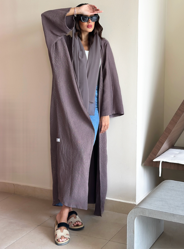 Rawnaq Abaya A classy and soft ash brown abaya made of sparkly Japanese ...