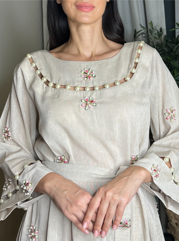 HOPE X LINEN Linen dress with Pearl embellishments. Comes with a belt ...