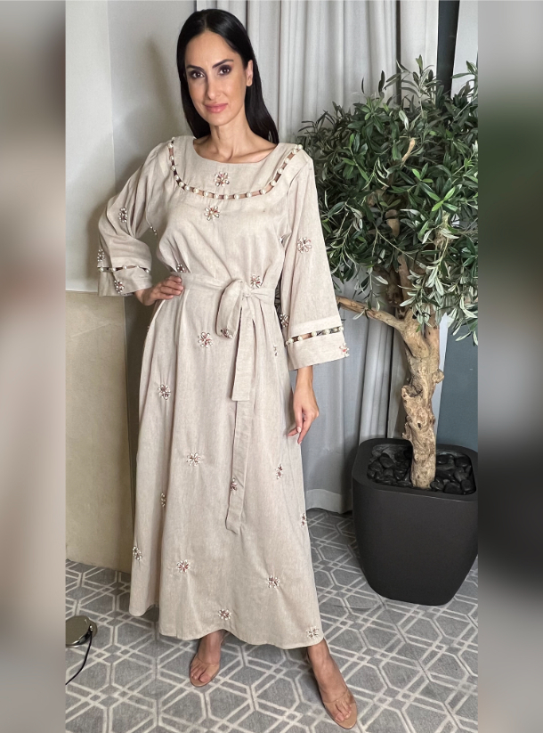 HOPE X LINEN Linen dress with Pearl embellishments. Comes with a belt ...