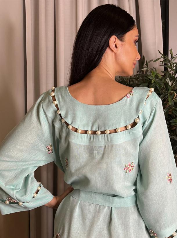 HOPE X LINEN Linen dress with Pearl embellishments. Comes with a belt ...