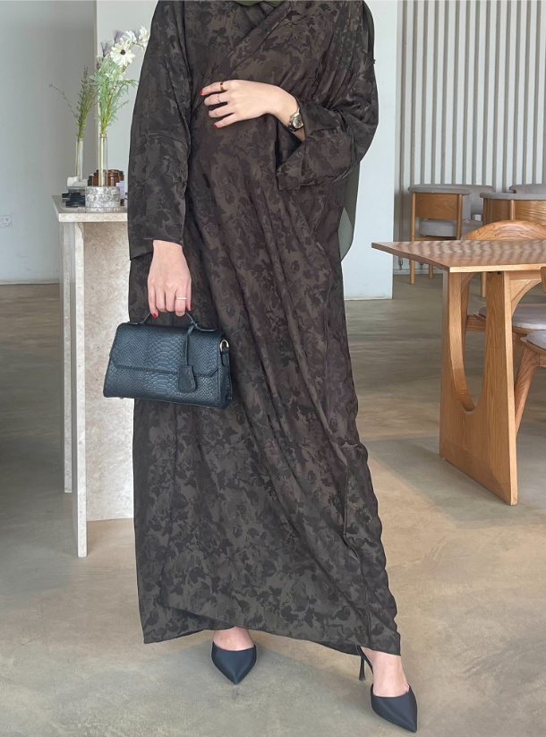 S041 Abaya SUTRA's opulent dark olive Pattern Abaya in Bahraini Bisht ...