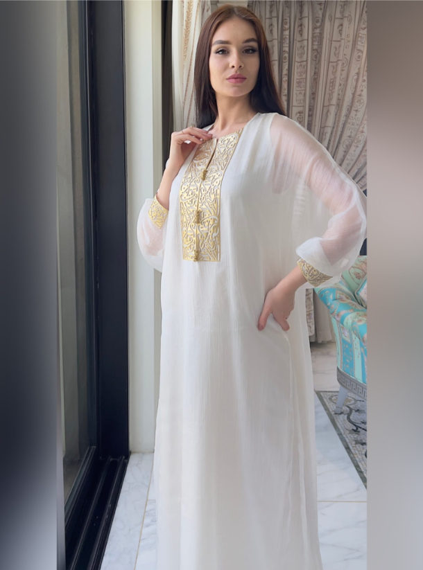MALIKA WHITE Elegant Kaftan see-through with silk inner lining and arabic gold lace. Kaftans ...