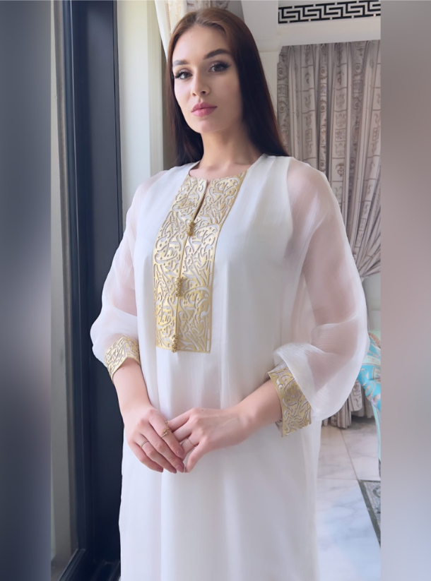 MALIKA WHITE Elegant Kaftan see-through with silk inner lining and arabic gold lace. Kaftans ...