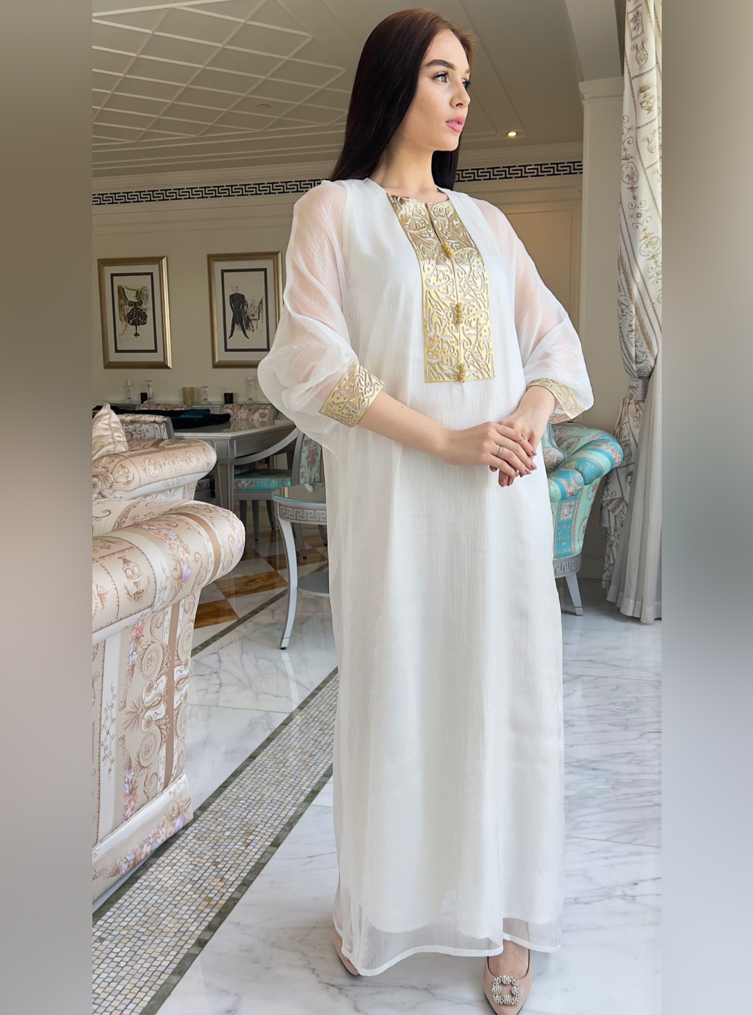 MALIKA WHITE Elegant Kaftan see-through with silk inner lining and arabic gold lace. Kaftans ...