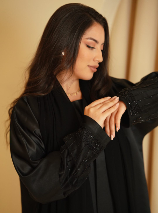 Pearly black Elegant and comfortable 2-piece set in Japanese silk. Abayas from NAKAYA DUBAI at ...