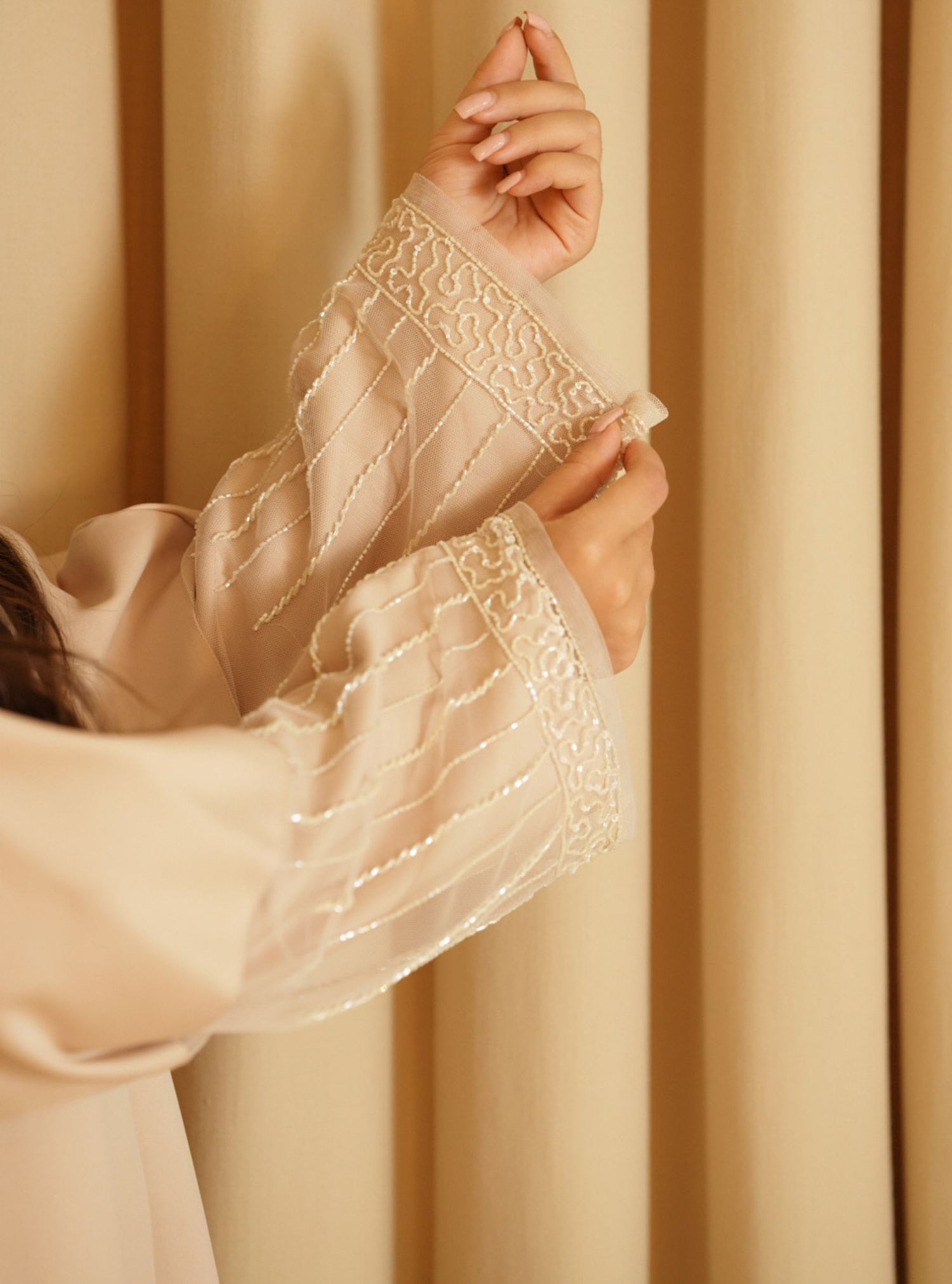 Pearly Nude Elegant and comfortable 2-piece set in Japanese silk. Abayas from NAKAYA DUBAI at Boksha