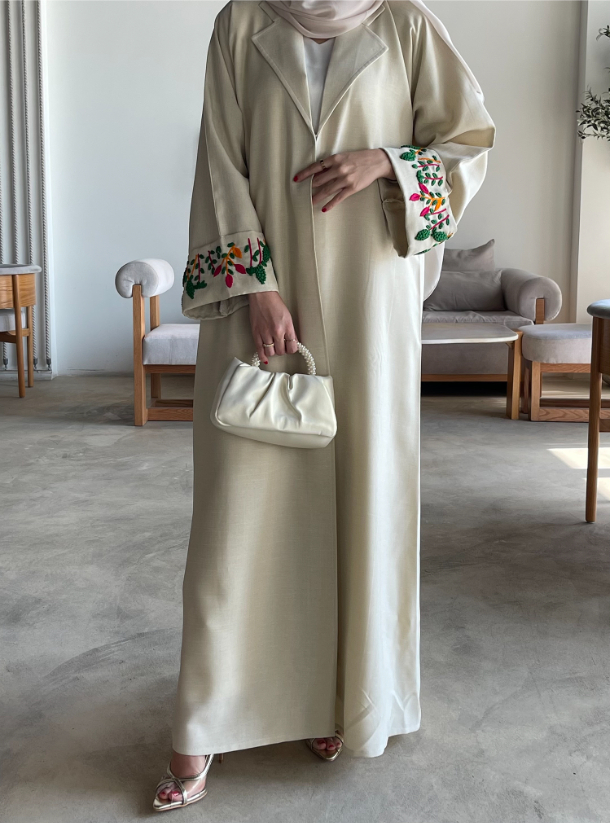 S045 linen beige blazer style abaya, adorned with colorful strings ...