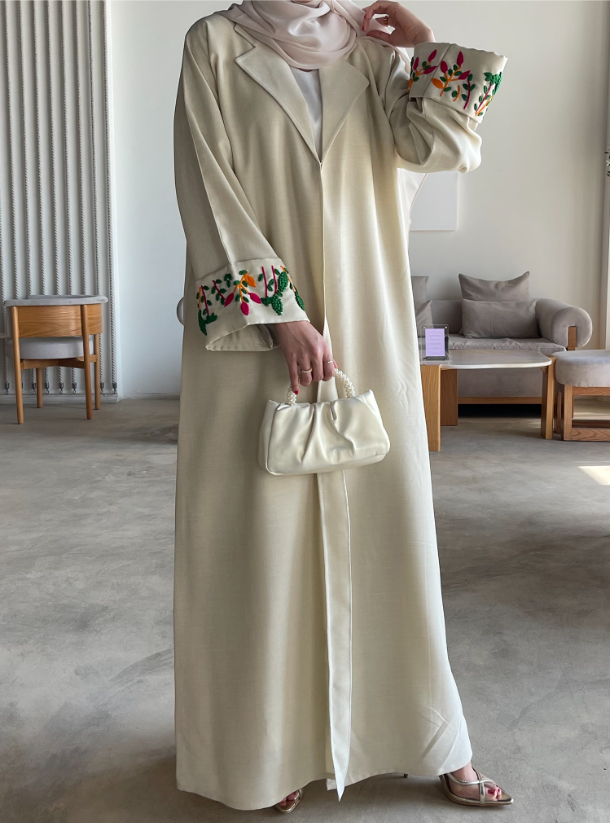 S045 linen beige blazer style abaya, adorned with colorful strings ...