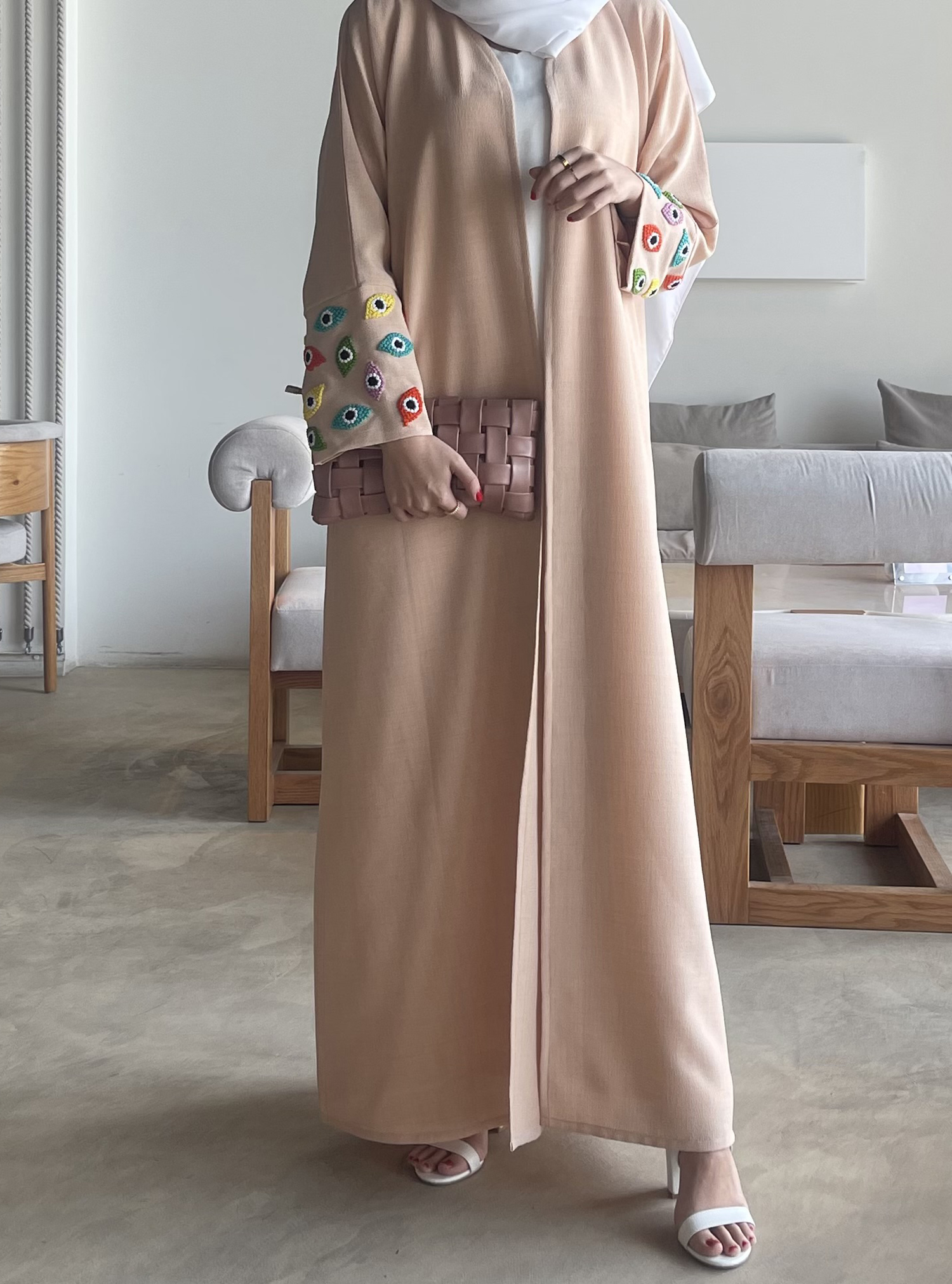 S047 light peach bisht abaya, adorned colorful eye shape strings ...