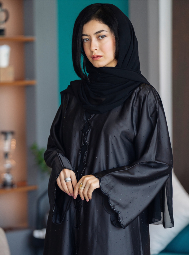 CS011 Luxury satin abaya with scalloped neck and sleeve detailing accented with embellishments ...