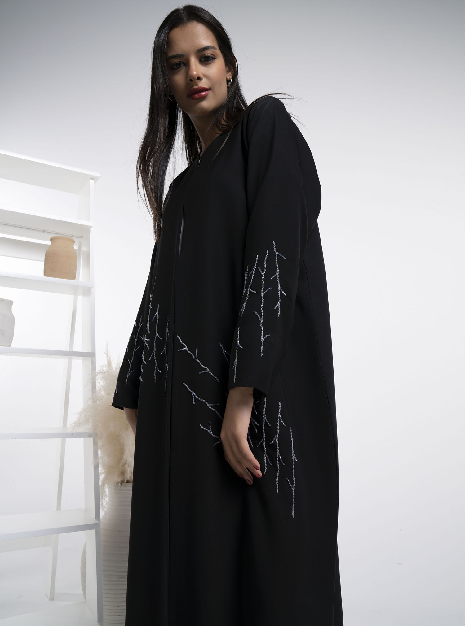 K978-BLACK Elegant Thread Embroidery Abaya With Bead Detailing On Front And Sleeve Abayas from K ...