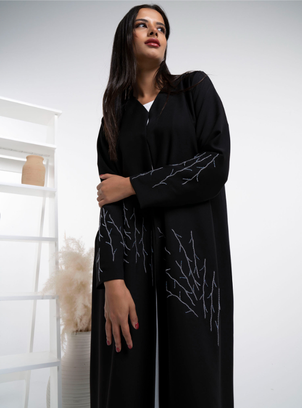 K978-BLACK Elegant Thread Embroidery Abaya With Bead Detailing On Front And Sleeve Abayas from K ...