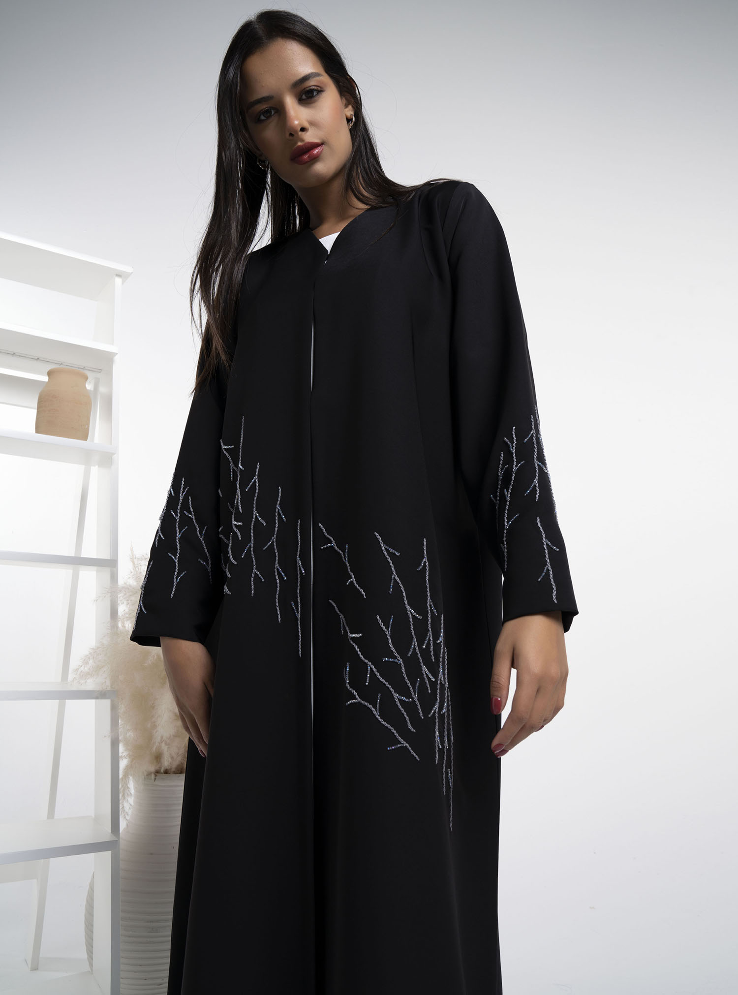 K978-BLACK Elegant Thread Embroidery Abaya With Bead Detailing On Front And Sleeve Abayas from K ...