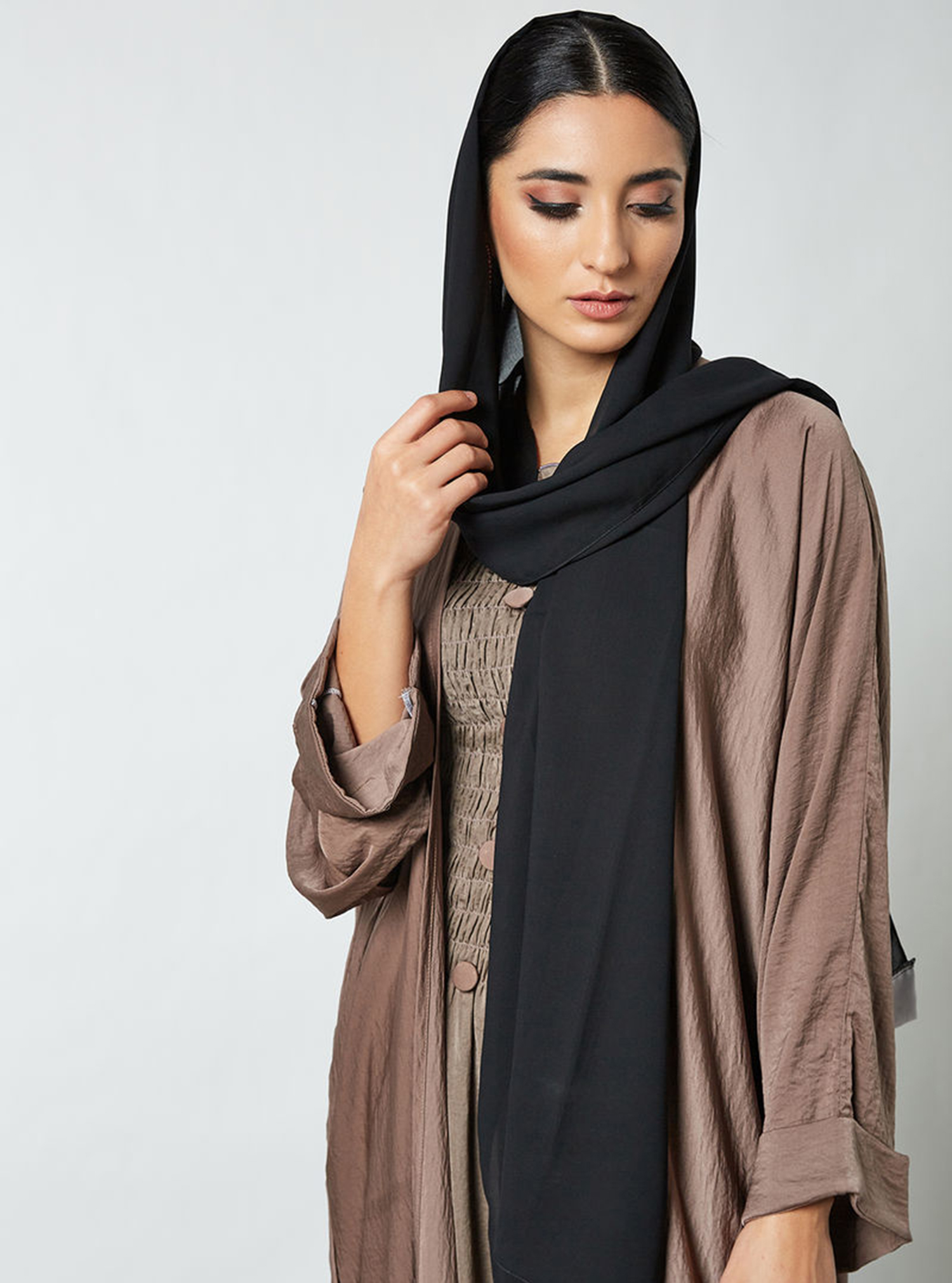 Lail-908 Abaya Bisht style abaya with smocked inner and button ...