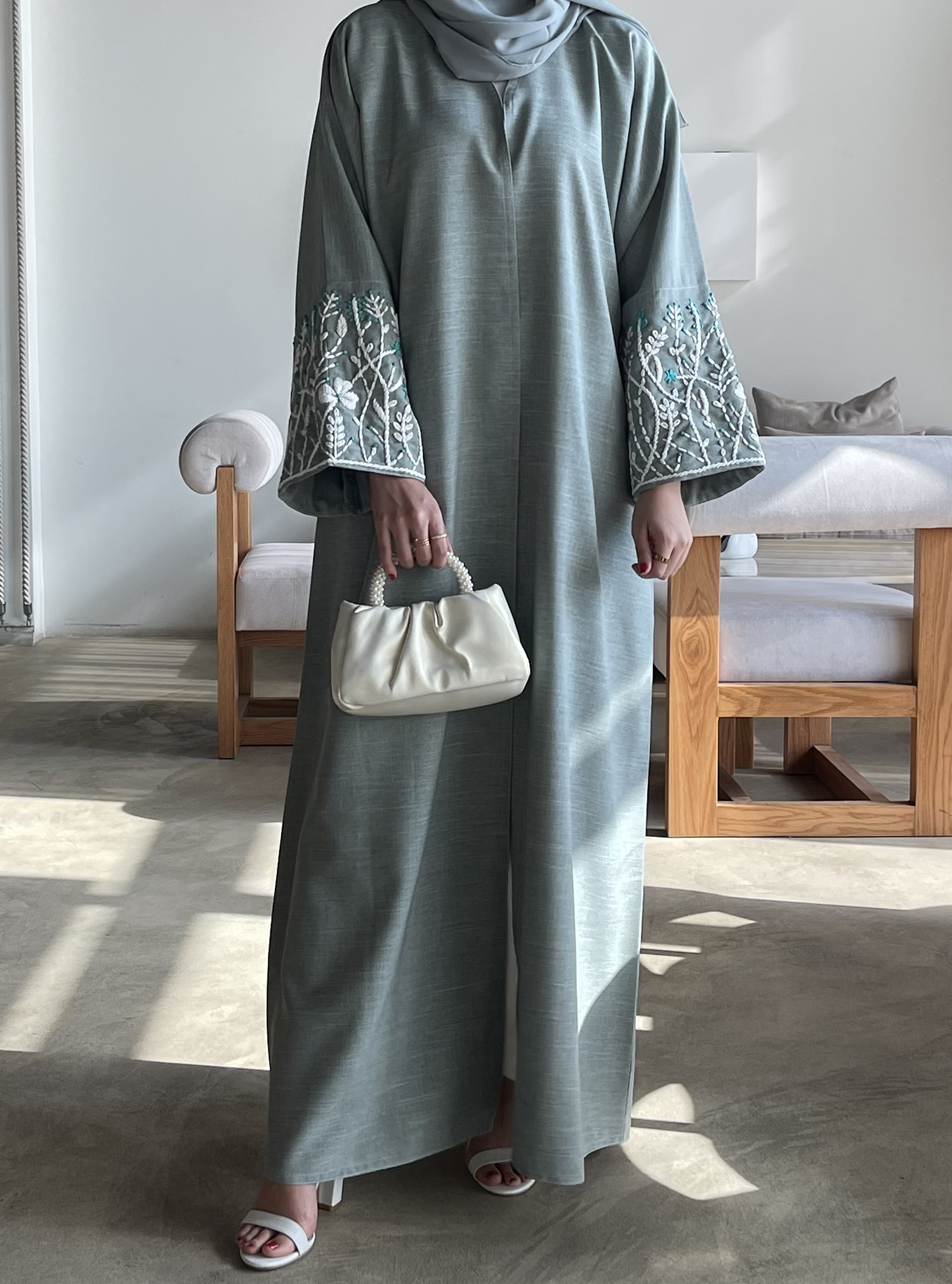 S051 Linen grayish olive abaya with delicate white floral strings ...