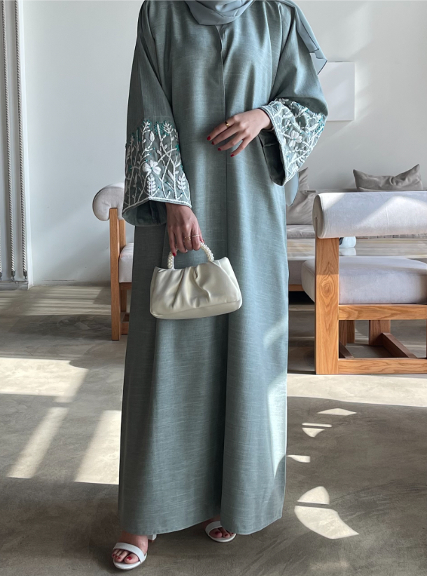 S051 Linen grayish olive abaya with delicate white floral strings ...