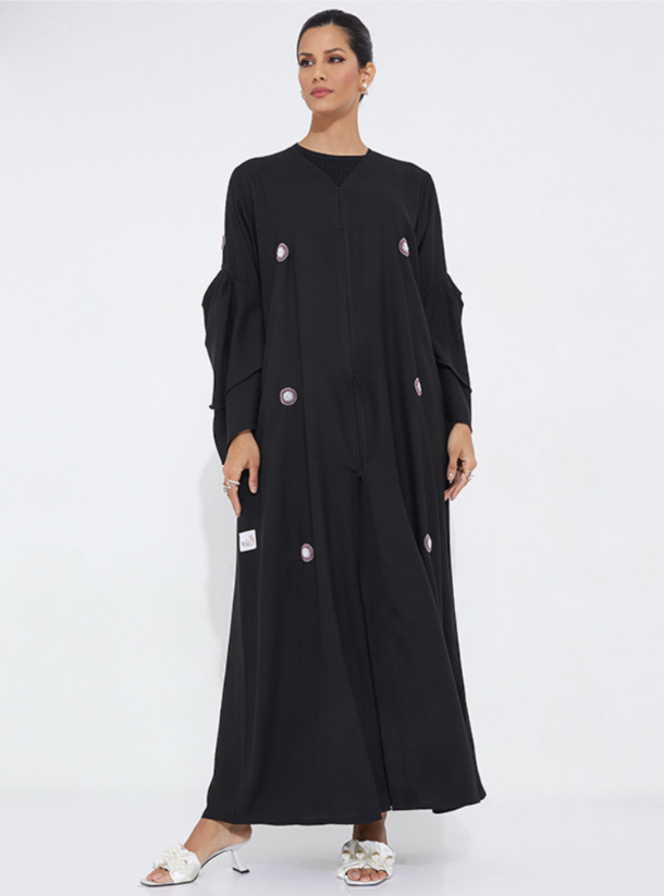 Pink Pearl Abaya with puff sleeves And circle flower pink hand ...