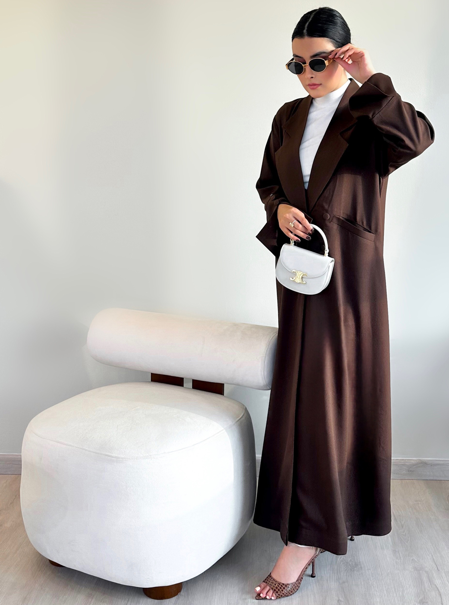 Blazer abaya blazer style abaya in dark brown Abayas from NB Design at Boksha