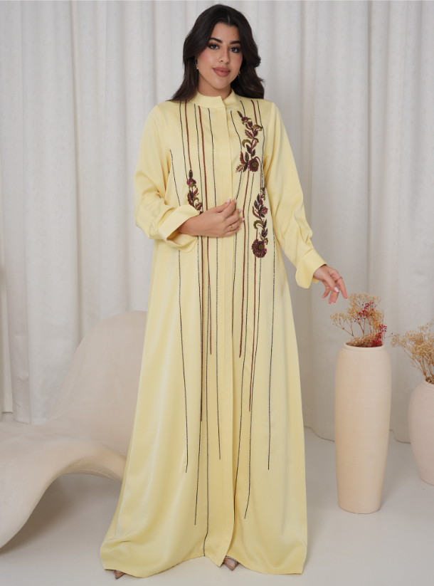 Yellow Abaya Narcissus Yellow abaya with Hand Embroidered details ...